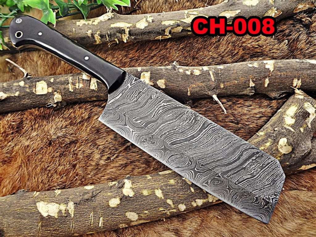 10" hand forged Damascus steel meat Cleaver, Walnut wood scale chopper knife, Leather sheath ...