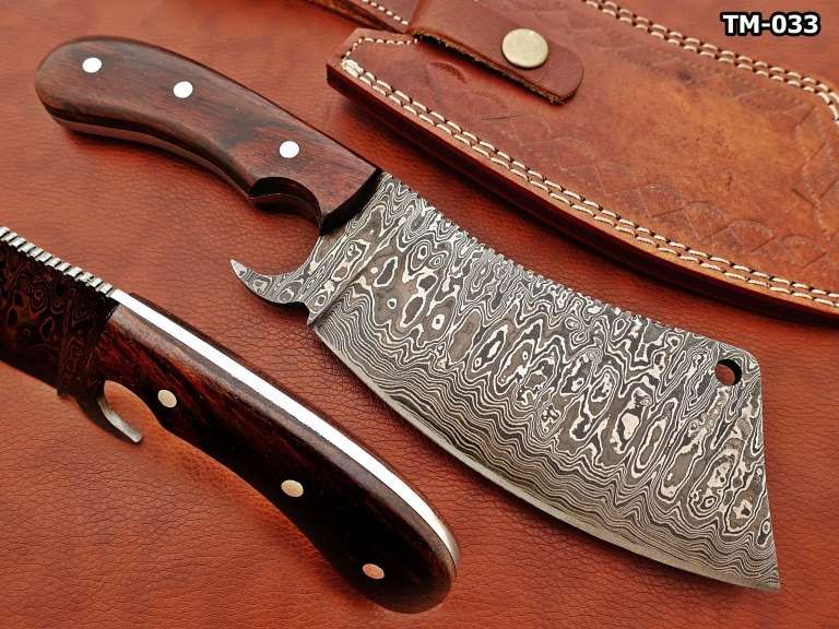 10" hand forged Damascus steel meat Cleaver, Walnut wood scale chopper knife, Leather sheath ...