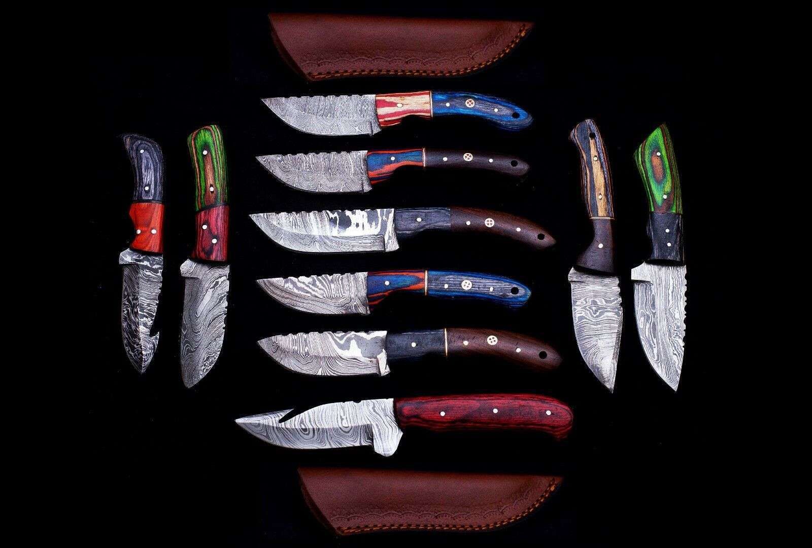 10 pieces Damascus steel fixed blade skinning knives lot with Leather ...