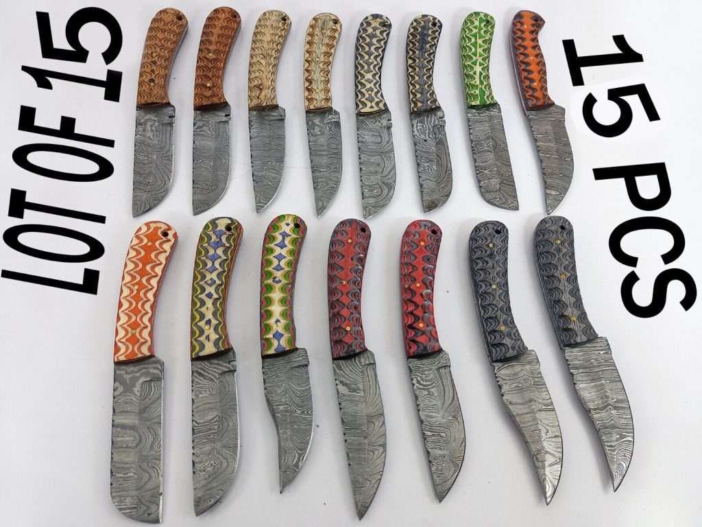 15 pieces Damascus steel fixed blade skinning knives lot with Leather ...